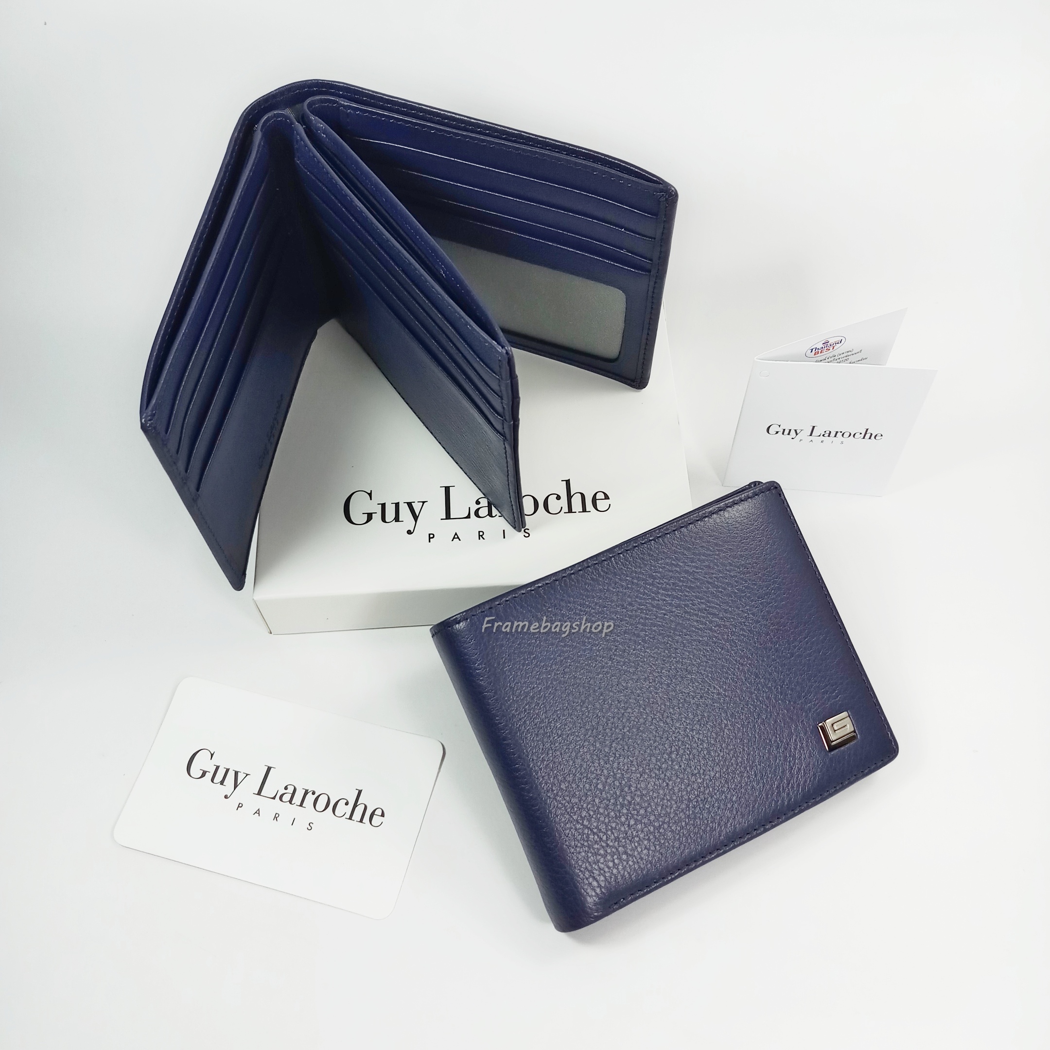 Guy Laroche กระเป๋าสตางค์ผู้ชายใบสั้น (สีน้ำเงินกรมท่า) สามช่องแบงค์ หนังนิ่ม หนังลาย ของใหม่ ...
