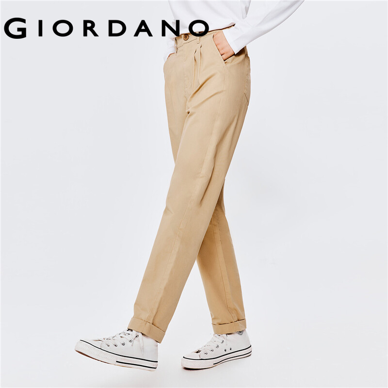 GIORDANO Women Pants Half Elastic Waist 100% Cotton Casual Pants Roll ...