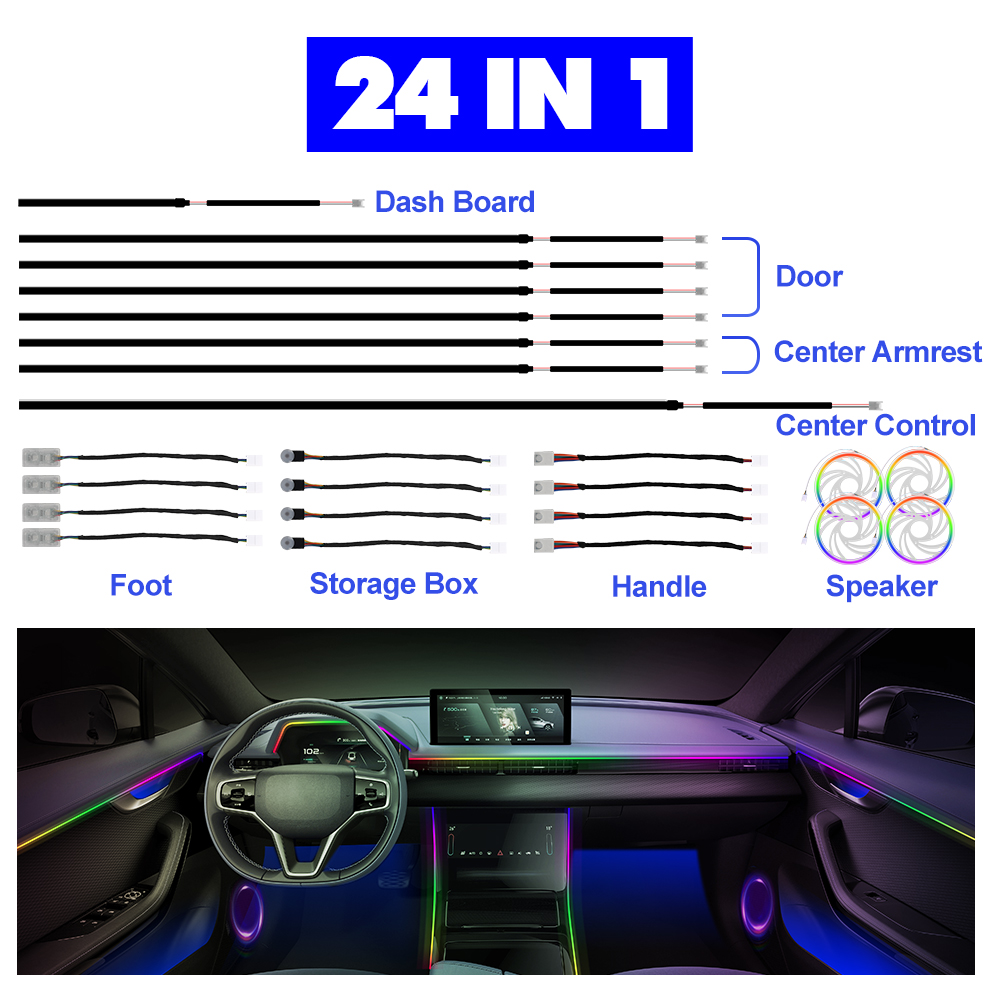 Symphony สีเต็มรูปแบบไฟภายในรถ Dual Zone LED Strip อุปกรณ์เสริม DIY ...