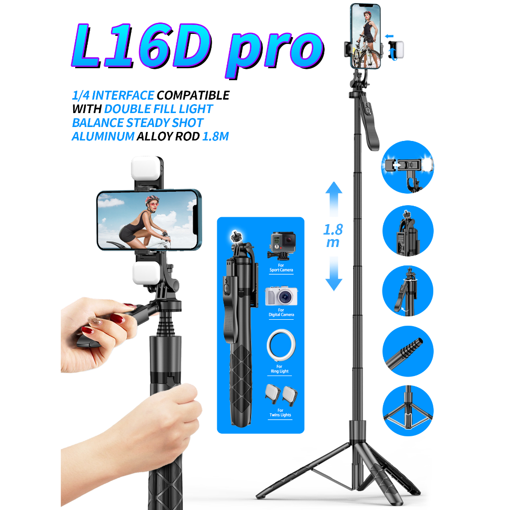 มาใหม่L16D PRO 1.8 เมตร มีไฟ LEDใหม่ L16 ขาตั้งกล้องไม้เซลฟี่ไร้สาย 1.8m. พับได้มาพร้อมรีโมท ...
