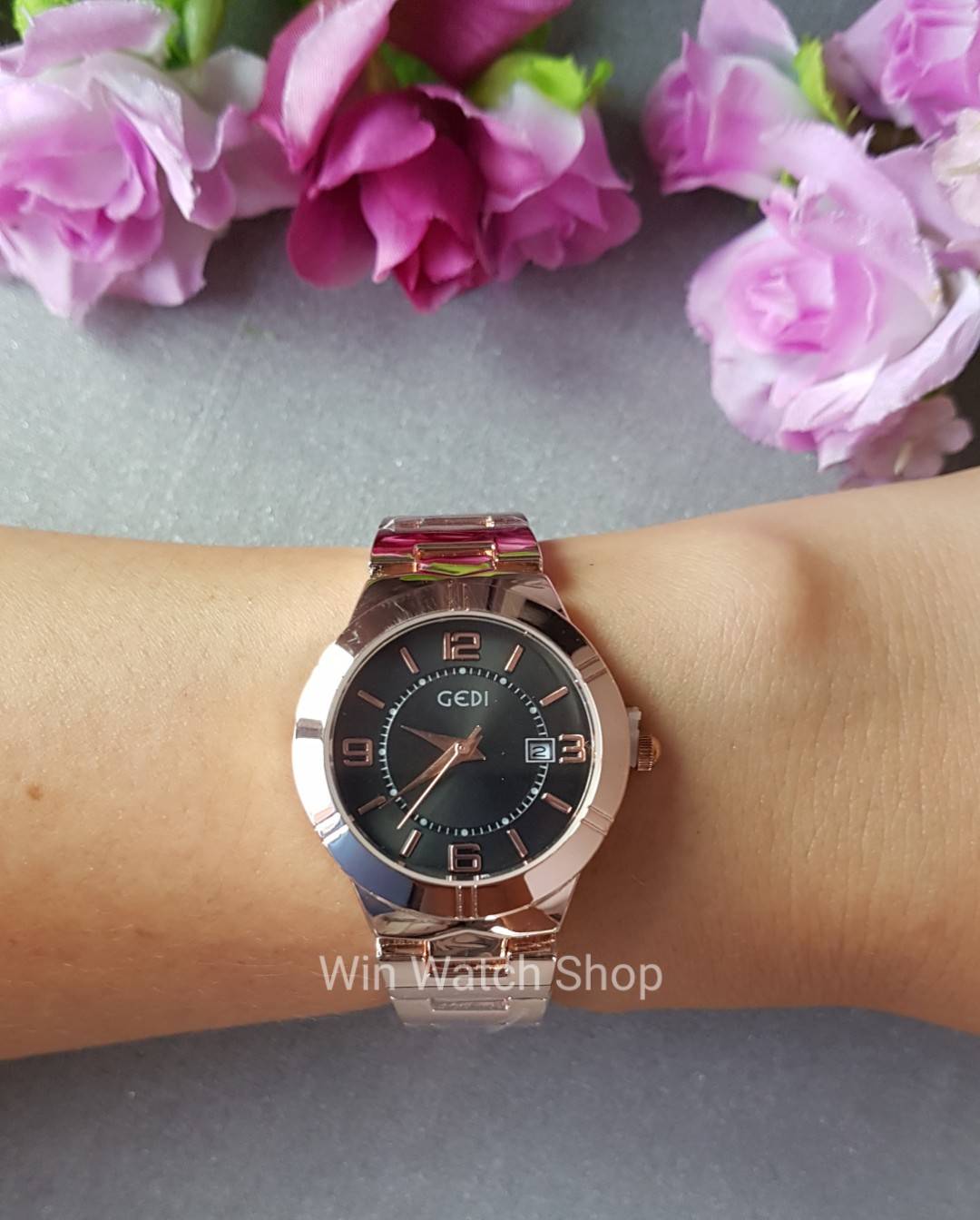 (ส่งฟรี) GEDI Watch นาฬิกาเกาหลี สายแสตนเลสสีพิงค์โกลด์ หน้าปัดดำ มีวัน ...