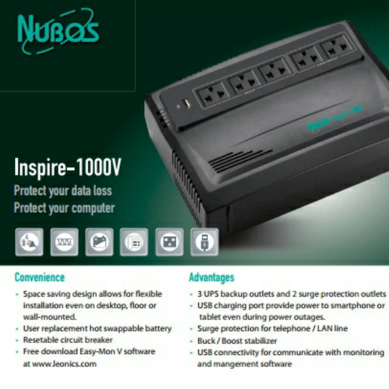 NUBOS เครื่องสำรองไฟ UPS รุ่น INSPIRE-1000V 1000VA 500W - B.Q. Co.,Ltd ...