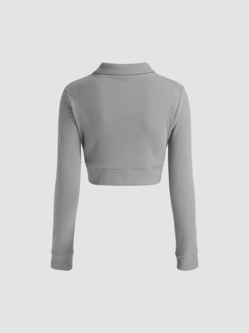 Cider Solid Polo Long Sleeve Crop Top - MixASale