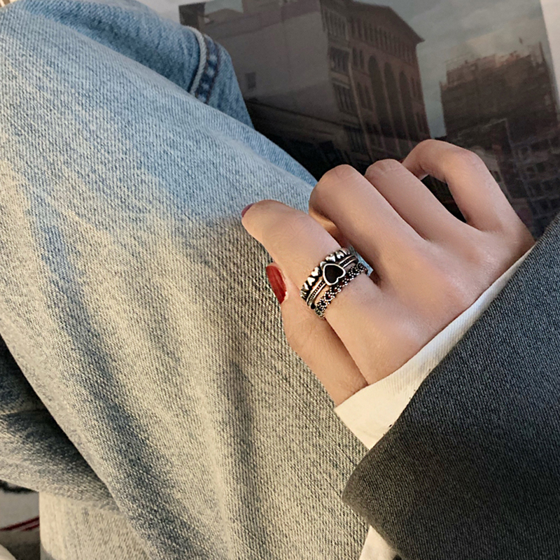 Retro Spades Heart Love Three-Layer 925 Sterling Silver Adjustable ...