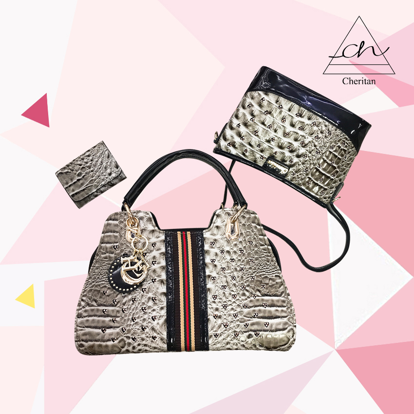 Cheritan กระเป๋าเซต3ใบ จระเข้ รุ่นA5-1-78 กระเป๋าแม่ลูก ฉลุติดคริสตัล ...