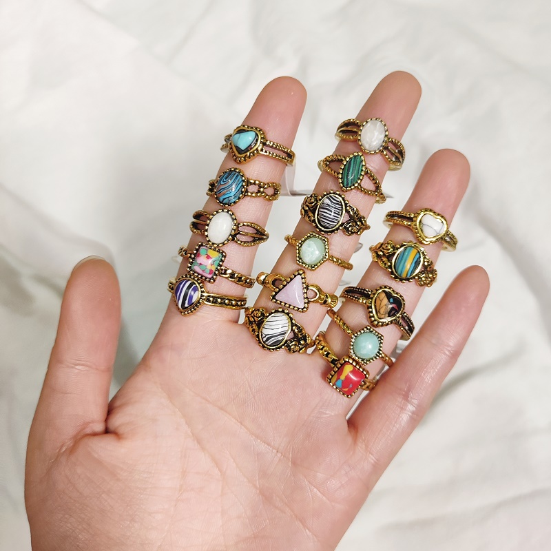 10PcsLot Vintage Antique Gold Stone Ring for Women Men Multicolor ...