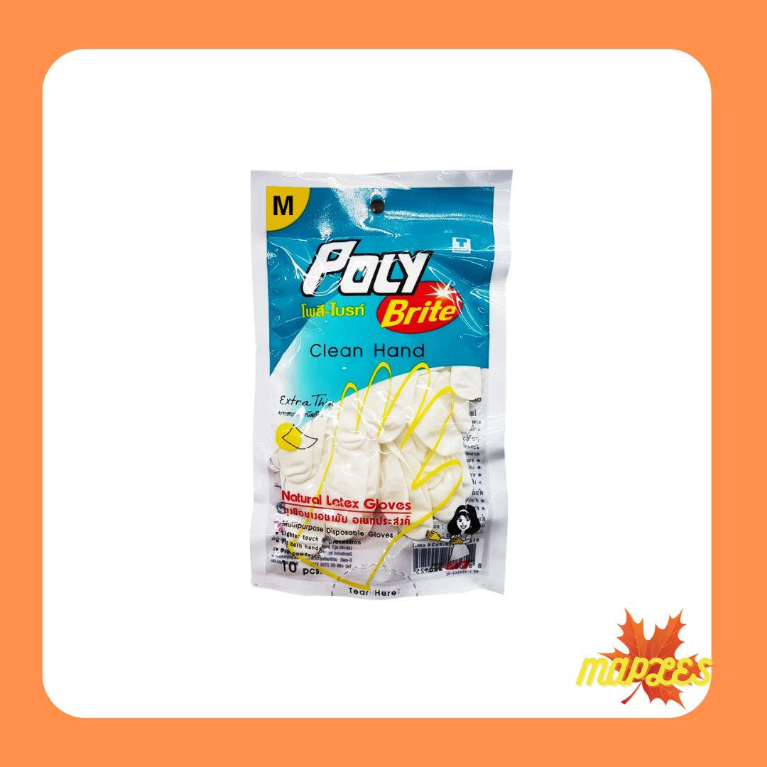 ถุงมือยางอนามัยสัมผัสอาหารได้ poly brite Extra Thin โพลี-ไบรท์ รุ่น 940A3-2D ไซส์ M (แพ็ค 10 ...