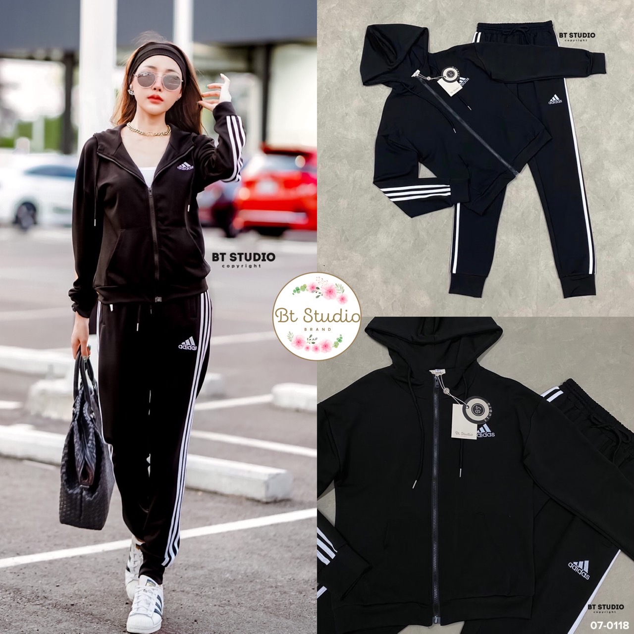 งานป้าย BT-Studio set 2ชิ้นเสื้อแจ๊คเก็ตแขนยาวซิปหน้า มีฮูดแต่งแถบที่แขนปักโลโก้กลางอก แมทซ์กับ ...