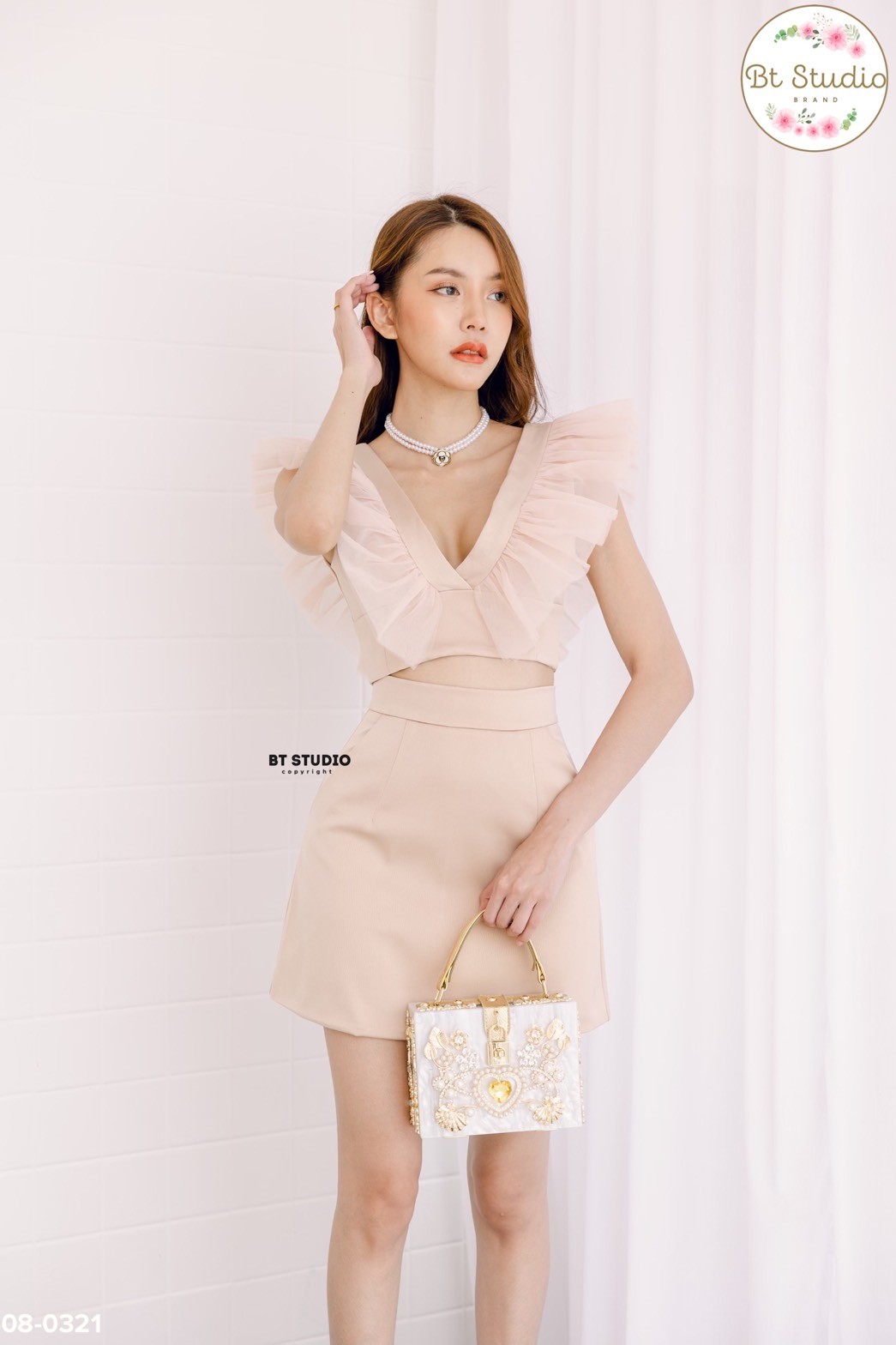 งานป้าย BT-Studio set 2ชิ้นเสื้อครอปสั้นช่วงแขนแต่งระบายหน้าและหลัง ...