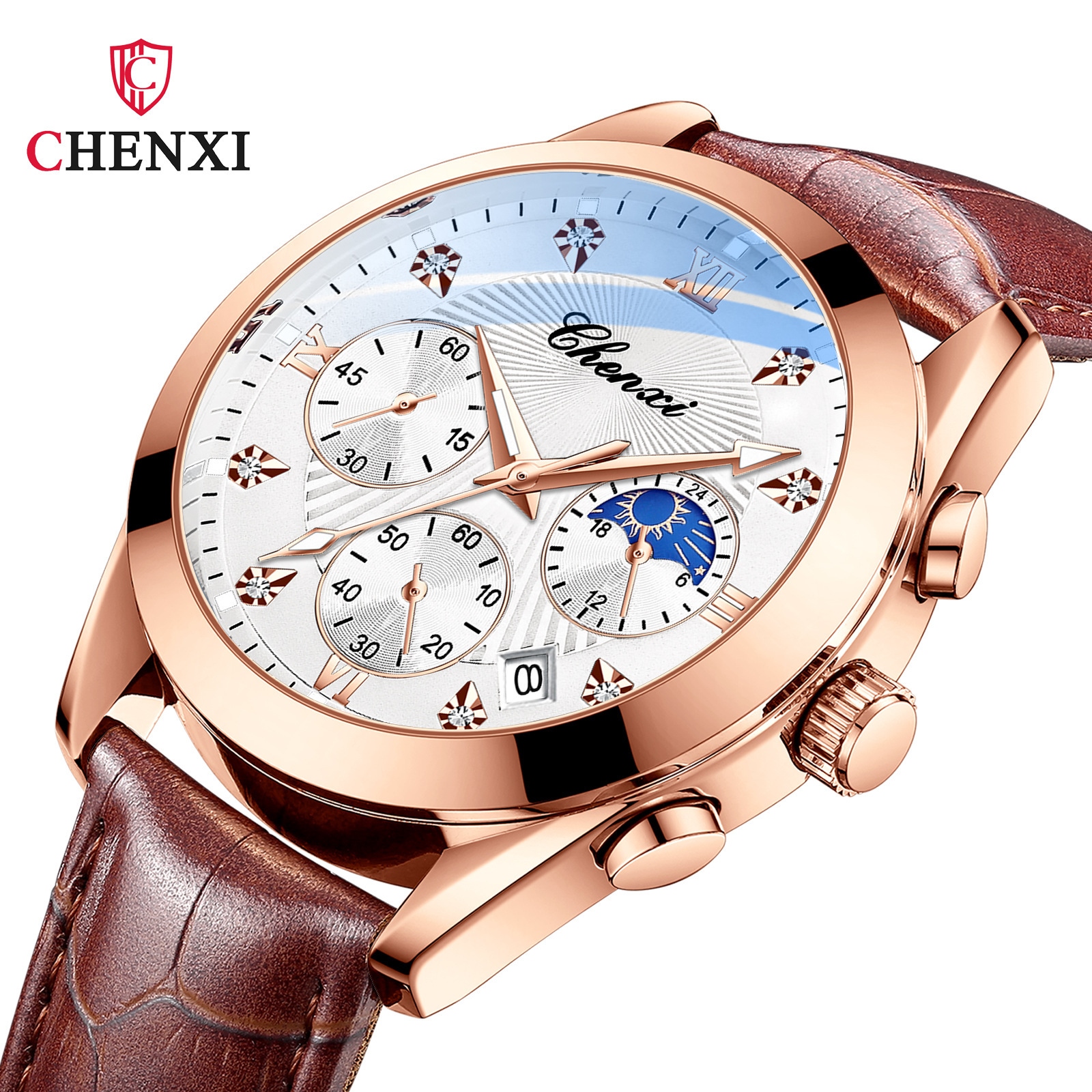 CHENXI Chenxi multi-functional three-eye six-needle sports watch star moon phase men's luminous ...