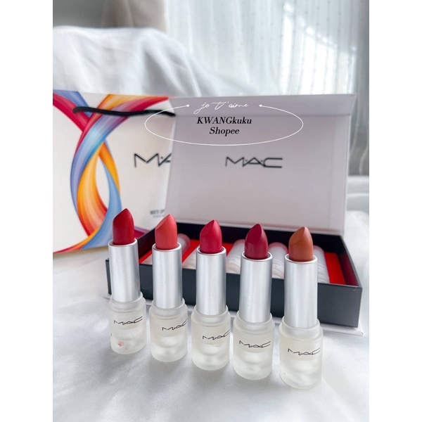 พร้อมส่ง Set Lip MAC แท่งขาว 5 แท่ง 5 สี มีกล่อง พร้อมถุงกระดาษอย่างดี ...