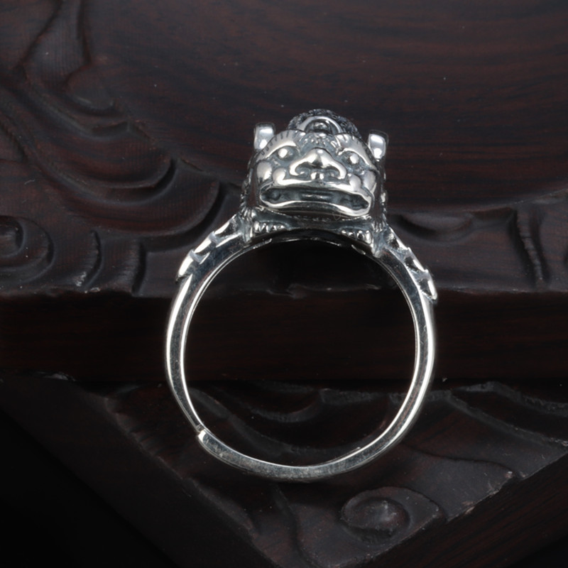 LR-S925 เงินสเตอร์ลิงปี่ซิ่วริงย้อนยุค แหวนนำโชค เหรียญ ฮวงจุ้ย ลูกบอลกลมหมุนได้ แหวนมงคล ปรับ ...