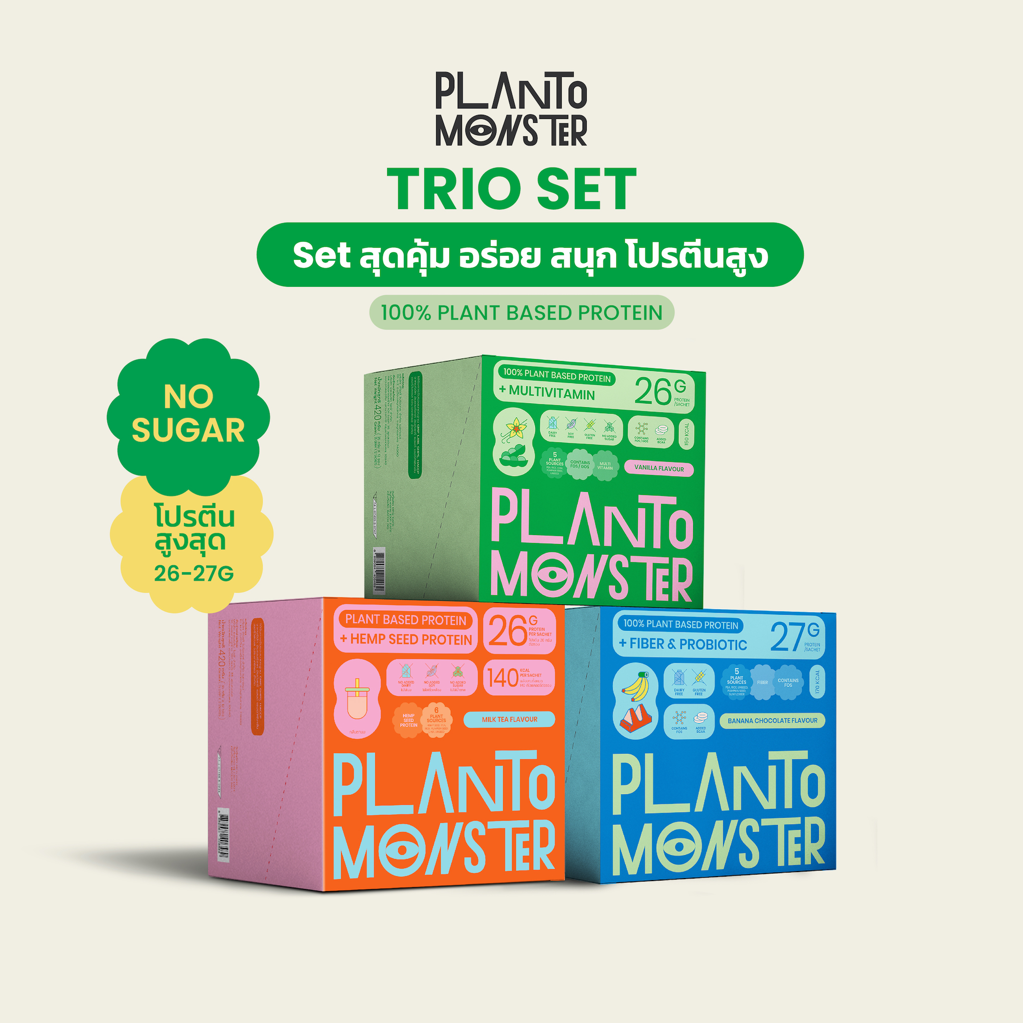 [ ส่งฟรี 🔥 ] Trio Set 3 กล่อง Planto Monster โปรตีนพืช โปรตีน 3 รสชาติ รสวานิลลา รสบานาน่า ...