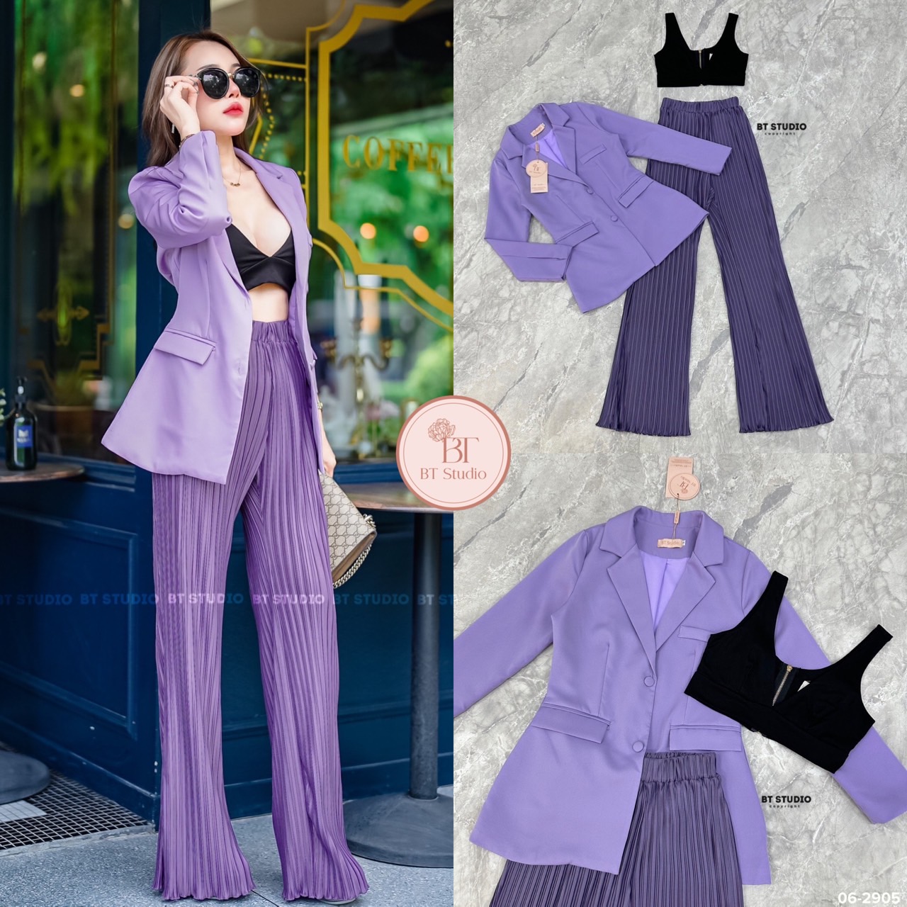 งานป้าย BT-Studio set 3ชิ้นเสื้อเบเซอร์แขนยาวคอปกแต่งกระเป๋าข้างหลอก มาพร้อมเสื้อครอปสายเดี่ยว ...