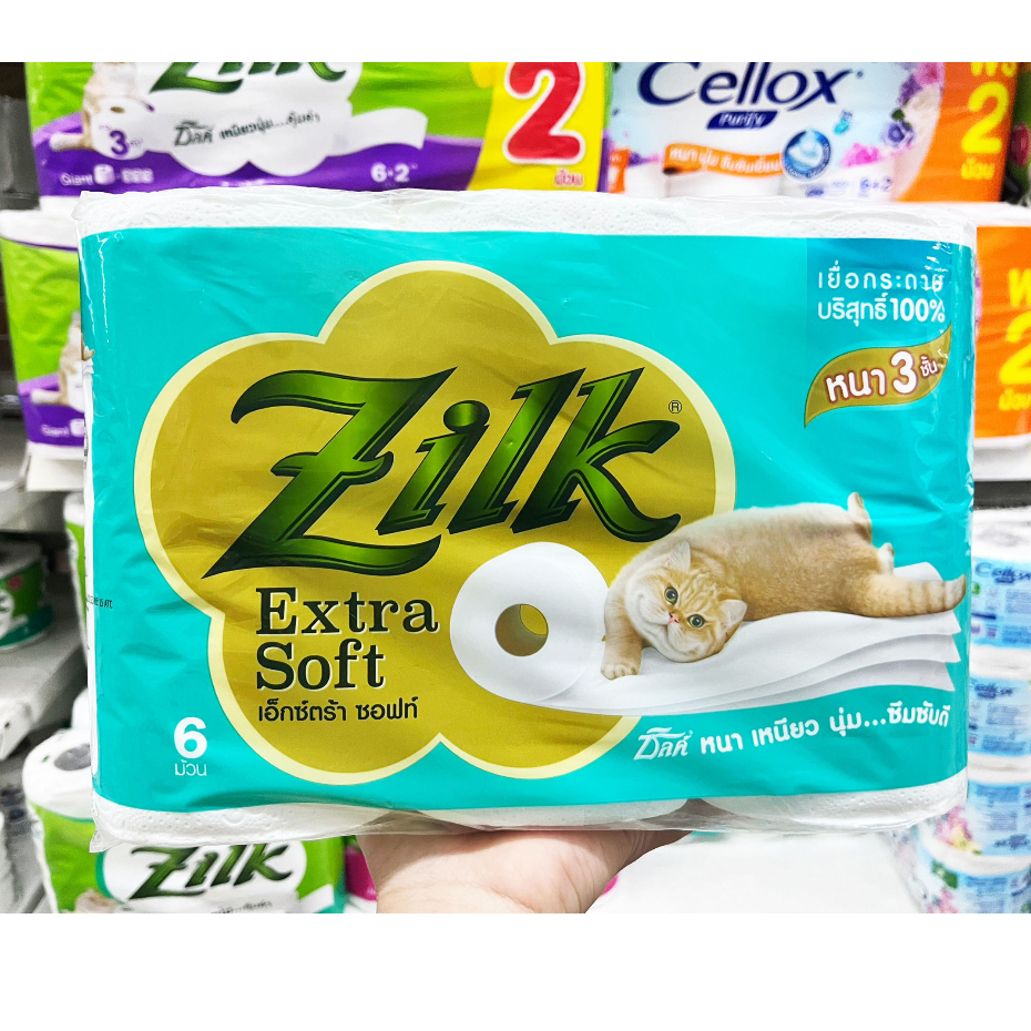 Zilk ซิลค์ รุ่น Extra soft เอ็กซ์ตร้า ซอฟท์ 6 ม้วน หนา 3 ชั้น ซึมซับได้ดี กระดาษทิชชู เยื่อ ...