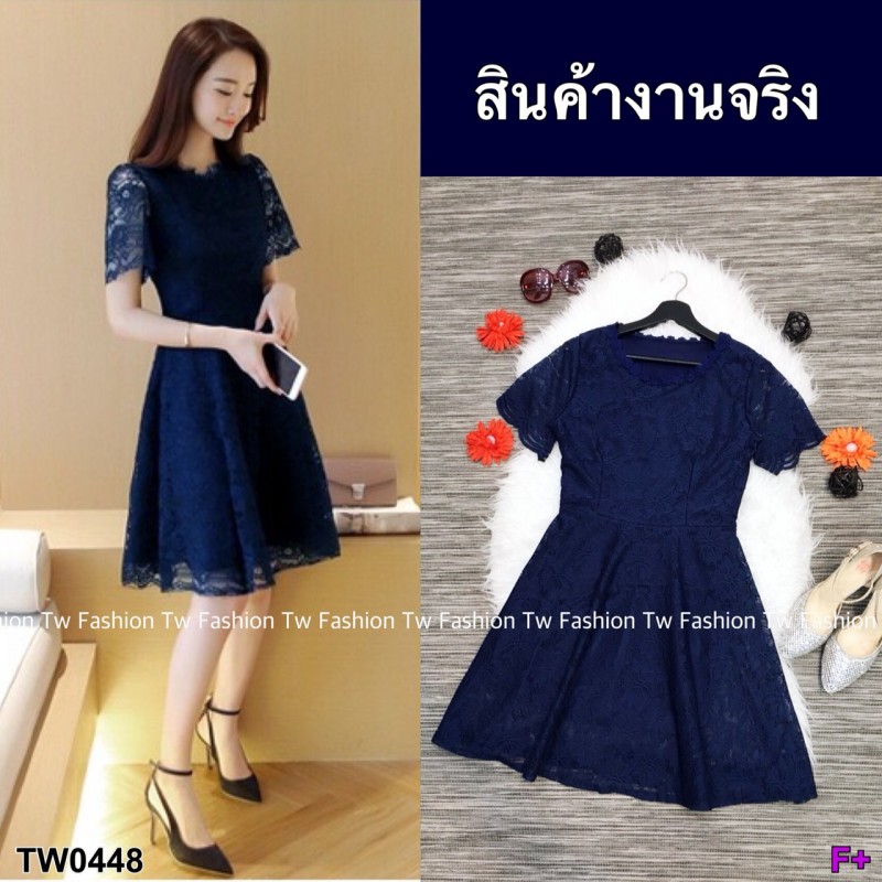 J0448 Dress เดรสลูกไม้คอกลม แขนสั้นแบบกว้าง - JShop Fashion - ThaiPick