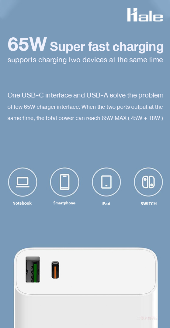 HALE 65W หัวชาร์จ 2 พอร์ต USB-A USB-C สำหรับ iPhone iPad โน็ตบุค แท็บเล็ต MateBook fast charging ...