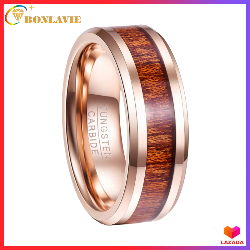 BONLAVIE 8mm Hawaiian Koa Wood Authentic Tungsten Carbide Ring 18K Rose Gold Plated Wedding Band ...