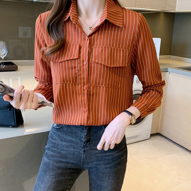 CCเสื้อเชิ้ตแขนยาวลายสีส้มสีขาวออกแบบสไตล์เกาหลีฤดูใบไม้ร่วงผู้หญิง ...