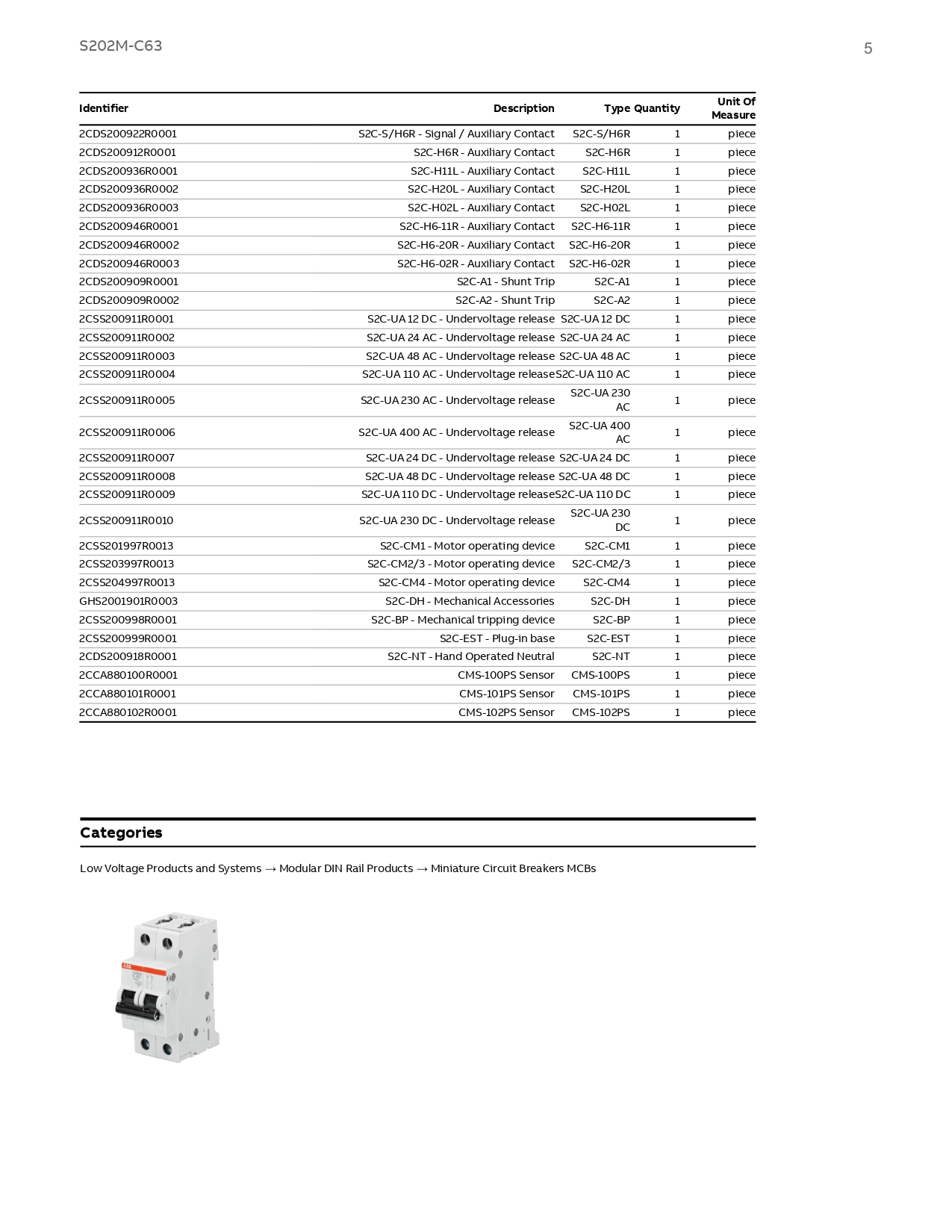 ABB S202M-C63 เมนเซอร์กิตเบรกเกอร์ 63 แอมป์ 2 โพล 10kA ABB System M Pro 63A MCB Mini Circuit ...