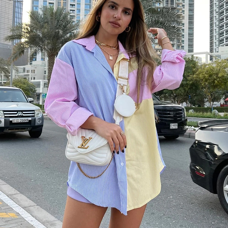 2021 Women's Shirt Contrast Color Patchwork Blouses And Shirts Single ...