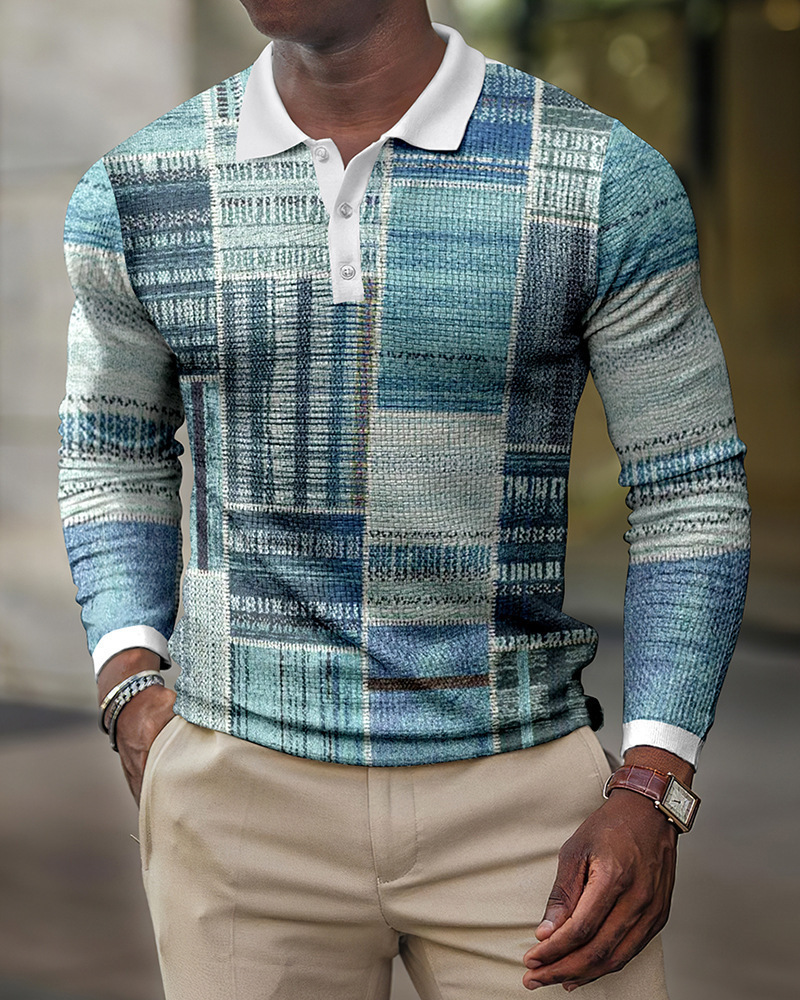 901A ใหม่ wish ผู้ชายฤดูใบไม้ร่วง 3D ปกพับแขนยาว Polo เสื้อเชิ้ตลายเรขาคณิตแฟชั่นเข้ารูป T เสื้อ ...