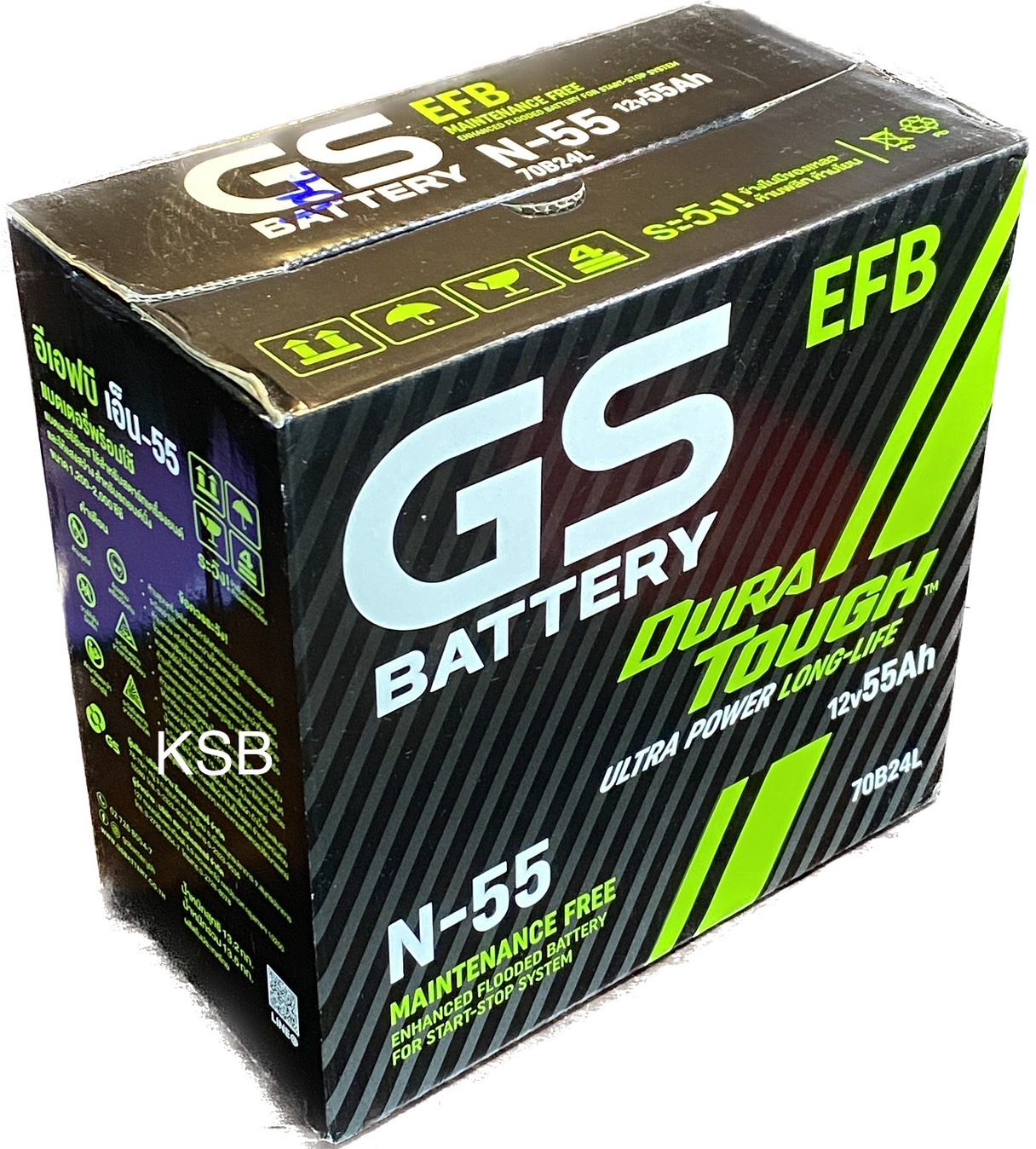 GS N-55 (70B24L) 55 Ah 15 แผ่นธาตุ500 แอมป์(CCA)ยxกxส238x129x225 มม.น้ำหนักสุทธิ 13.2 กก.อีเอฟบี ...