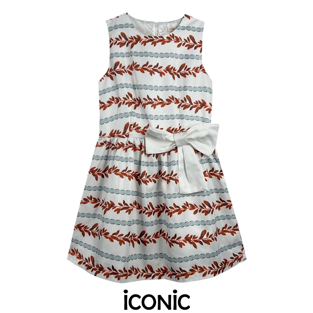 iCONiC WHITE BOW ROPES DRESS #6923 ชุดเดรส ผ้าไหม พิมพ์ลาย แต่งโบว์ สี ...
