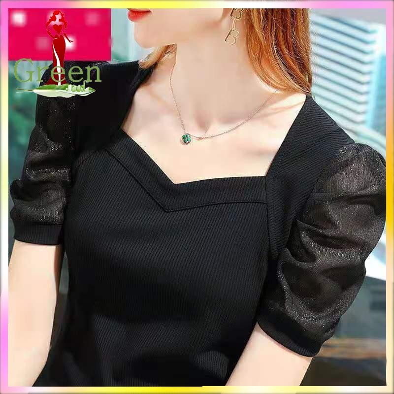 DH100-1.12 เสื้อยืดแขนสั้น ผ้าเรยอน ขนาดใหญ่ สีเขียว แฟชั่นฤดูร้อน สไตล์ฝรั่งเศส สําหรับผู้หญิง ...