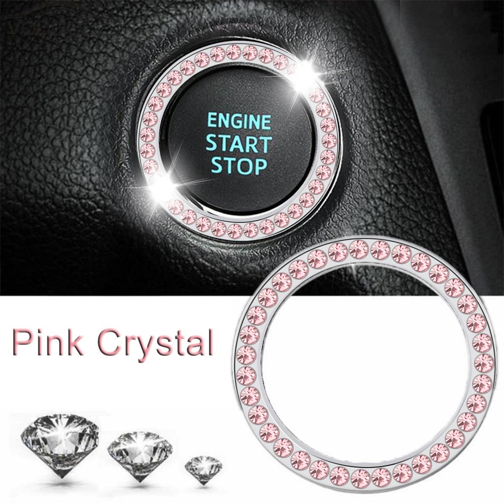 AKZDXE Bling Pink Circle Trim แหวนเพชรปฏิบัติรถปุ่มอุปกรณ์ตกแต่ง Start ...