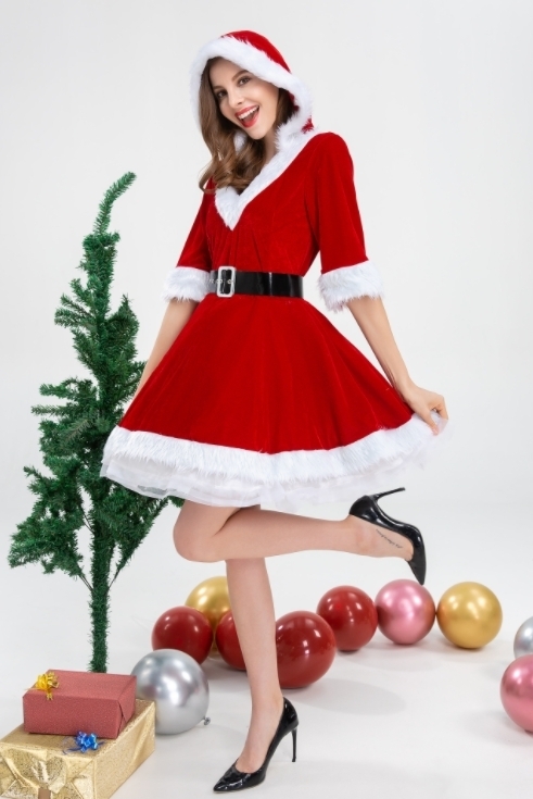 ชุดแซนตี้ คอวีกระโปรงฟู ชุดซานต้า ชุดซานตาครอส ชุดคริสมาส เดรสคริสมาส ...