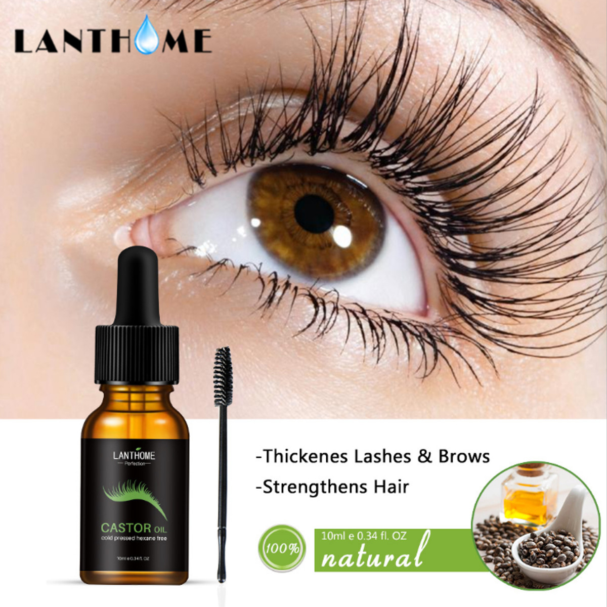 LANTHOME น้ำมันละหุ่งอินทรีย์บริสุทธิ์สำหรับผมขนตาเซรั่มการเจริญเติบโต ...