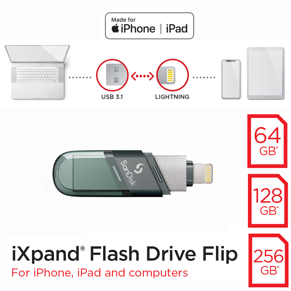 SanDisk iXpand Flash Drive Flip 64GB 128GB 256GB 2 in 1 Lightning and ...