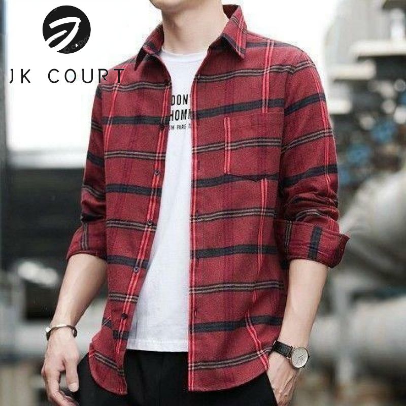JK Court ฤดูใบไม้ร่วงเสื้อเชิ๊ตชายลายสก็อตแขนยาวเกาหลีสไตล์อินเทรนด์ ...