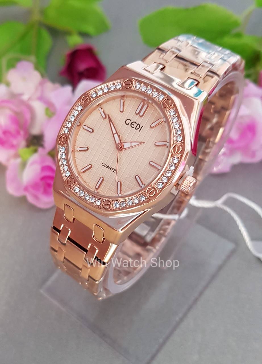 (ส่งฟรี) GEDI Watch นาฬิกาเกาหลี หน้าปัด สไตล์ปาเต๊ะ สายแสตนเลสสีพิงค์โ ...