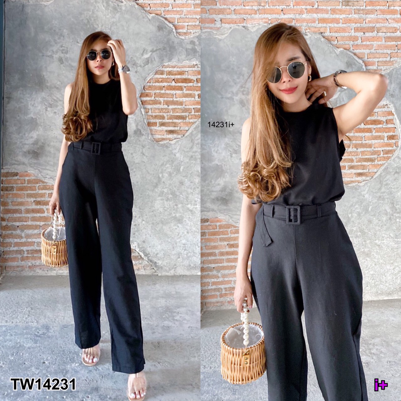 14231 Set เสื้อแขนกุด + กางเกงขายาว + เข็มขัด Set: sleeveless shirt ...