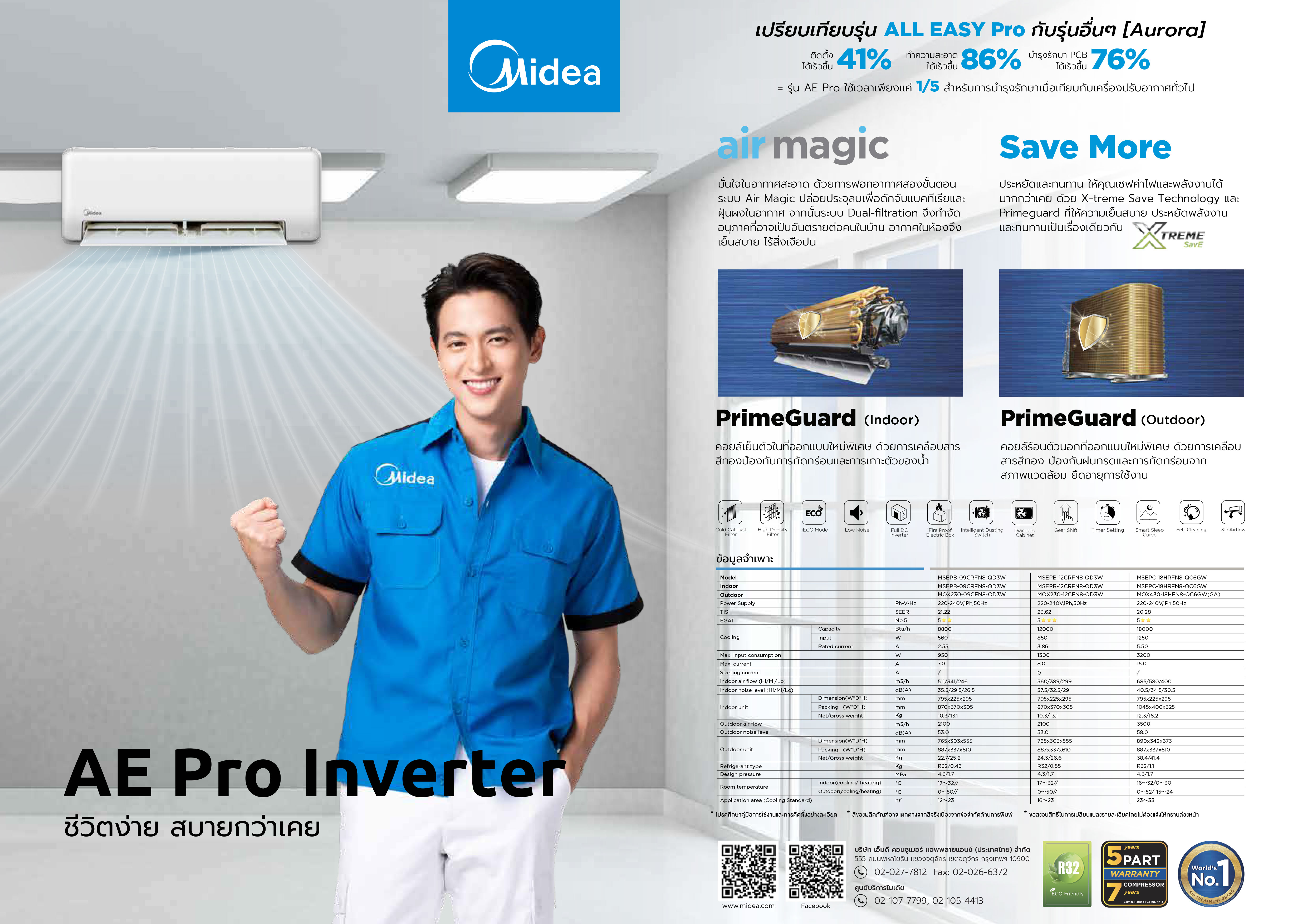 แอร์ Midea INVERTER ผ่อน0นาน10เดือน แอร์เบอร์ 5 มี 3 ดาว MIDEA แอร์ AE PRO 12000 BTU (ALL EASY ...