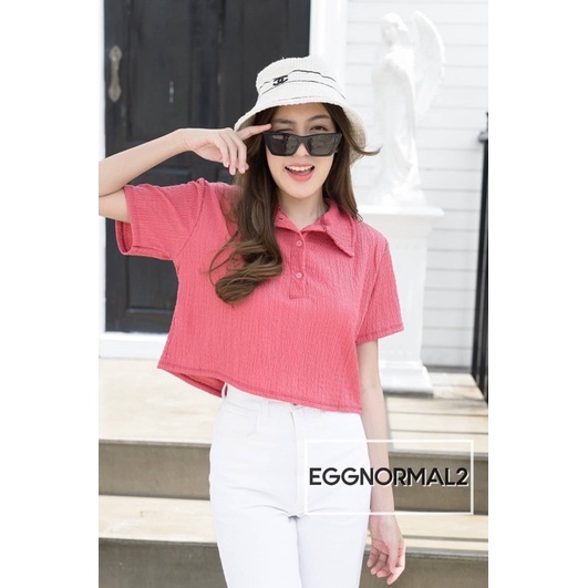 ZeroOneShop MY TOP New in Code: E50 Crop top คอปกแต่งกระดุม ผ้าเปลือกไม้เสื้อครอปคนอ้วน เสื้อคร ...