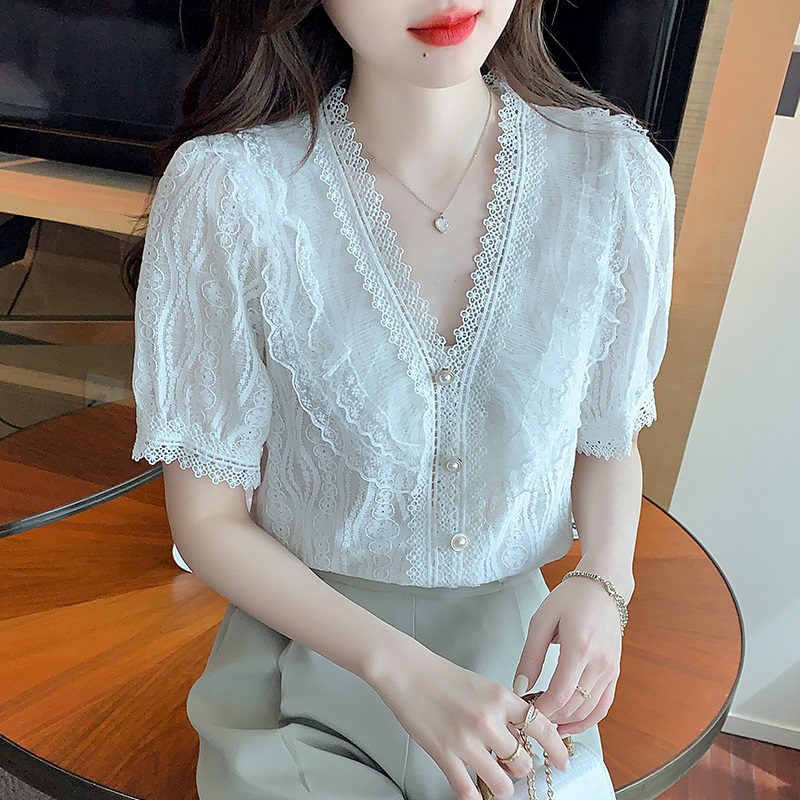 เสื้อลูกไม้มาใหม่สไตล์เกาหลีคอวีแขนตุ๊กตาสวยเรียบหร Lx Shop Thaipick