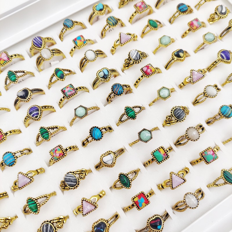 10PcsLot Vintage Antique Gold Stone Ring for Women Men Multicolor ...