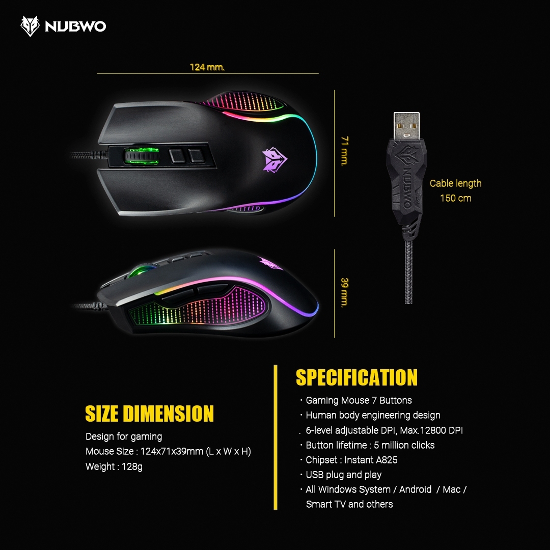 เมาส์เกมมิ่ง NUBWO CERBERUS NM92M MACRO มีไฟ RGB ปรับ DPI ได้ ใช้งาน ...