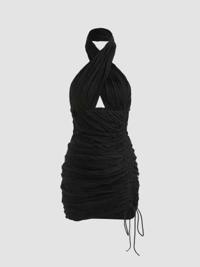 Cider Solid Halter Texture Ruched Mini Dress - Cider - ThaiPick