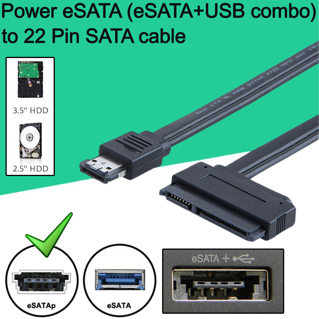 สาย Power eSATA (eSATA+USB combo) to 22 Pin SATA cable For 2.5'' 3.5 ...