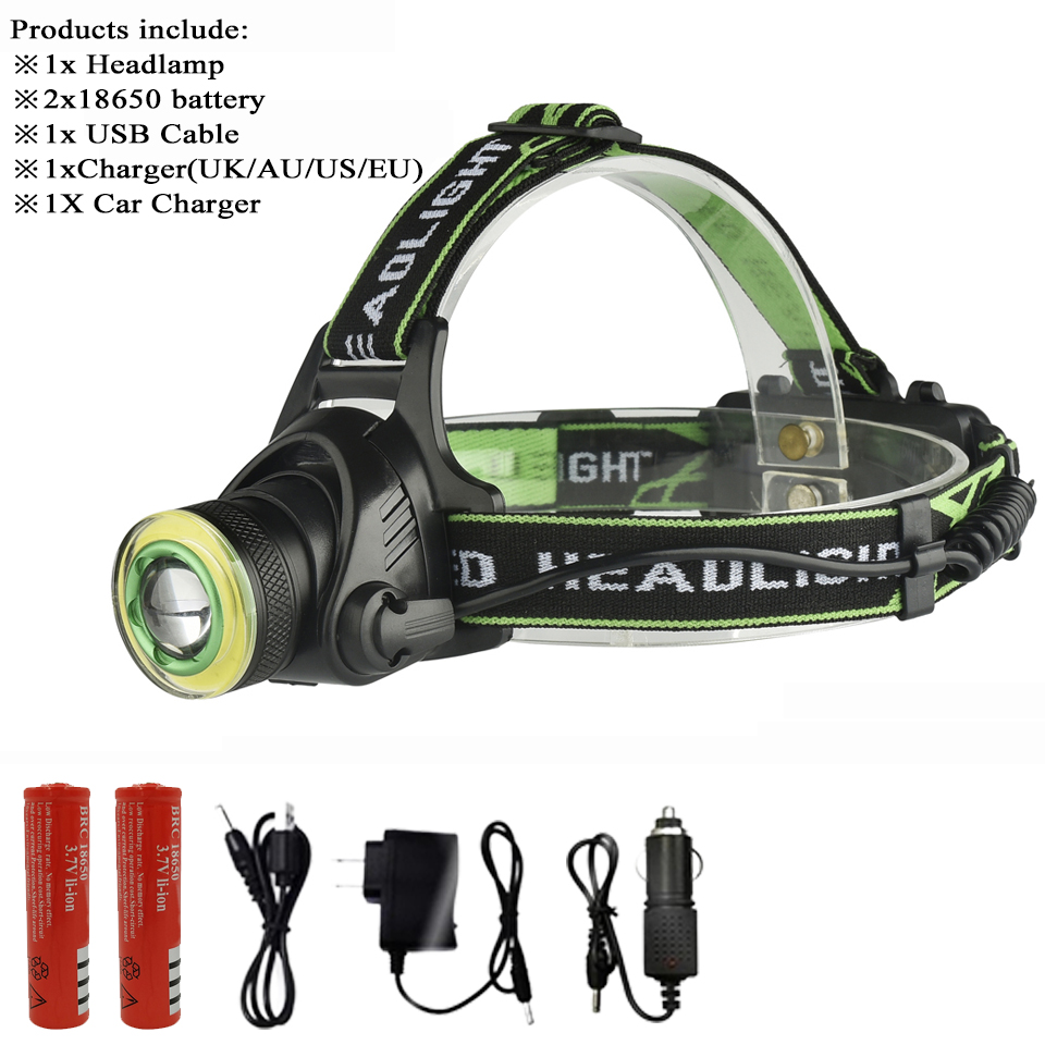 C2 T6 COB Led Headlamp Zoom Headlight 18650 for Fishing Head Flashlight ...