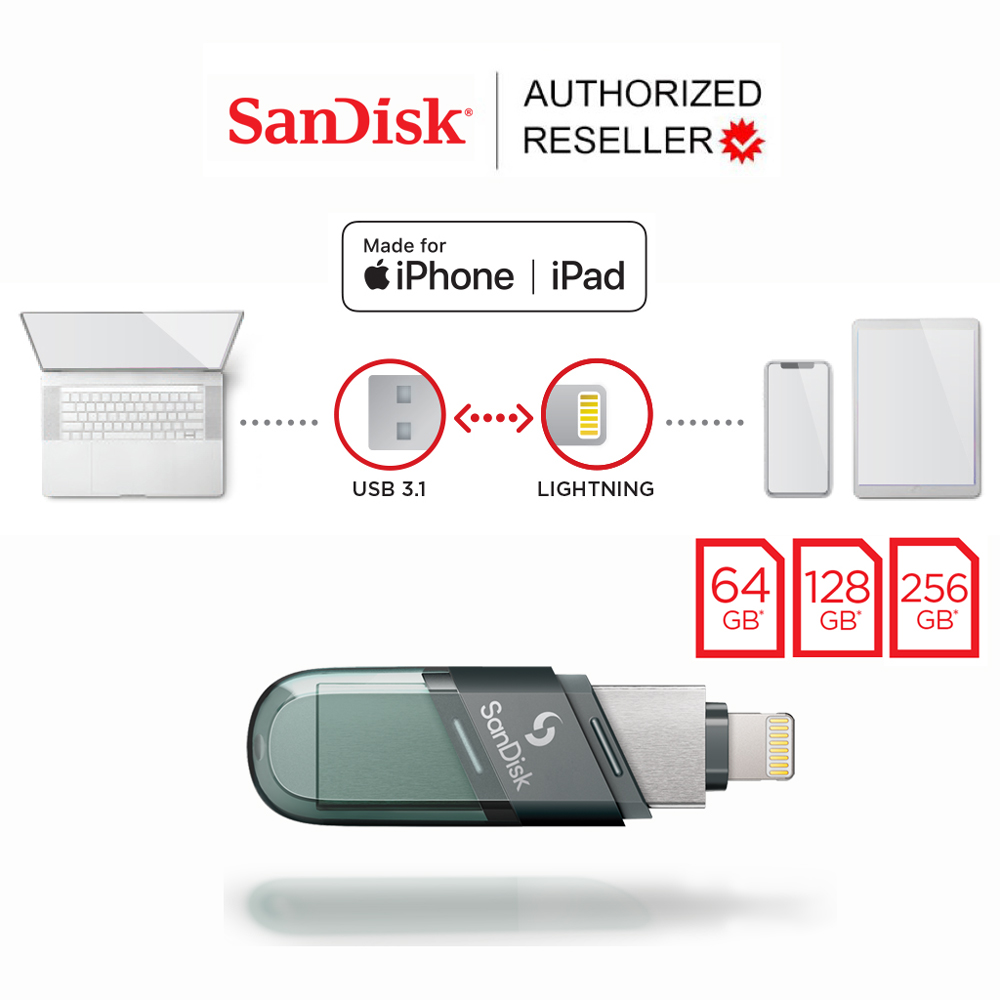 SanDisk iXpand Flash Drive Flip 64GB 128GB 256GB 2 in 1 Lightning and ...