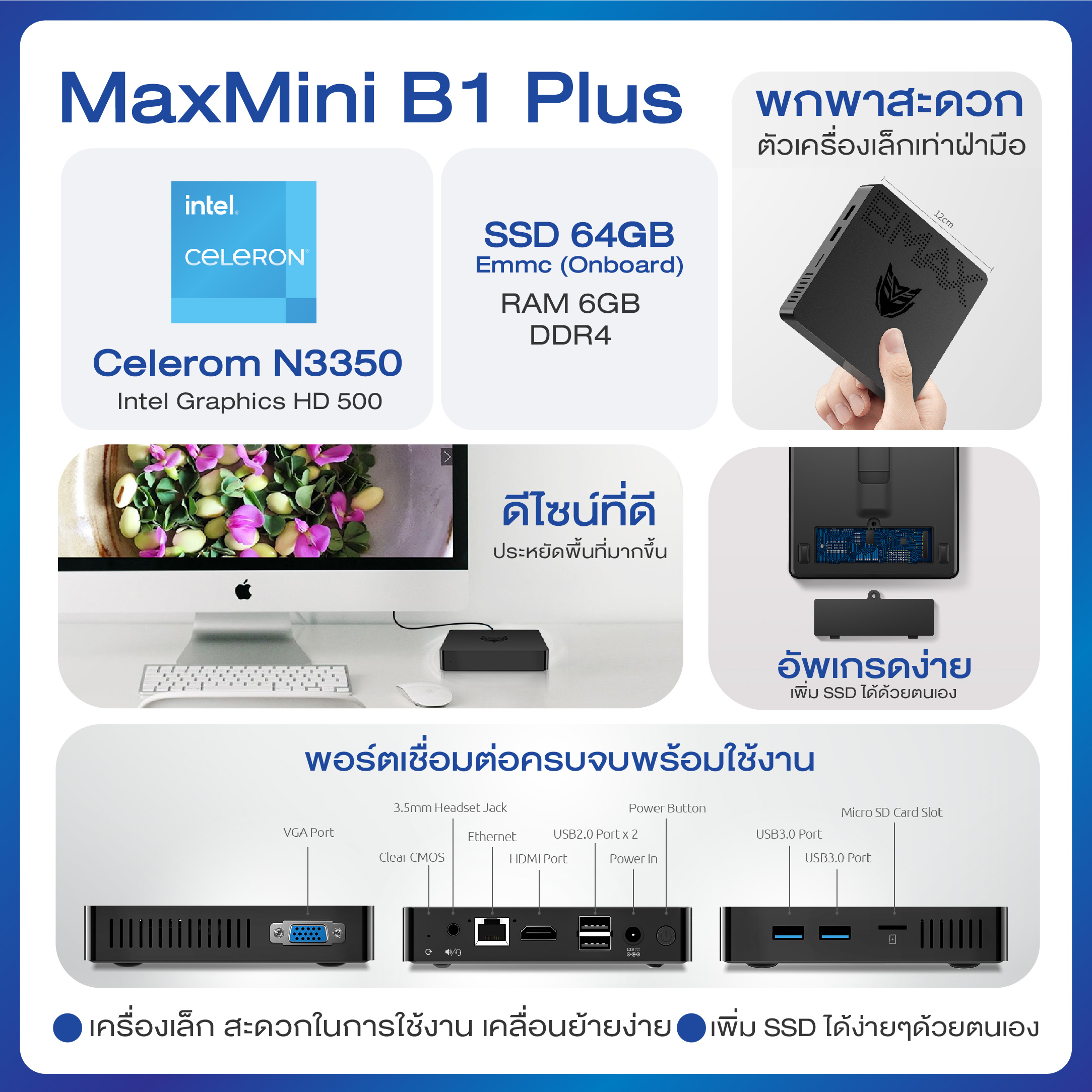 BMAX B1 Plus มินิ พีซี วินโดร์ 10 แท้ Intel Celeron N3350 6GB RAM 64GB ROM WIFI 2.4GHz5GHz HDMI ...