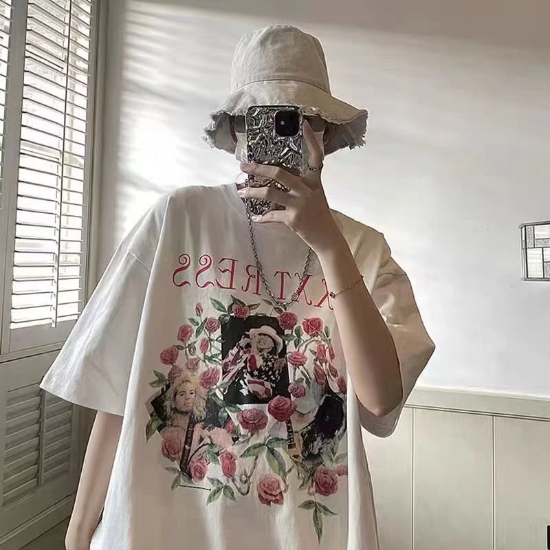 Gwit Studio ผู้ชายแขนสั้น high street retro rose แขนสั้นเสื้อยืดผู้ชายหลวม ins hiphop tide ครึ่ง ...