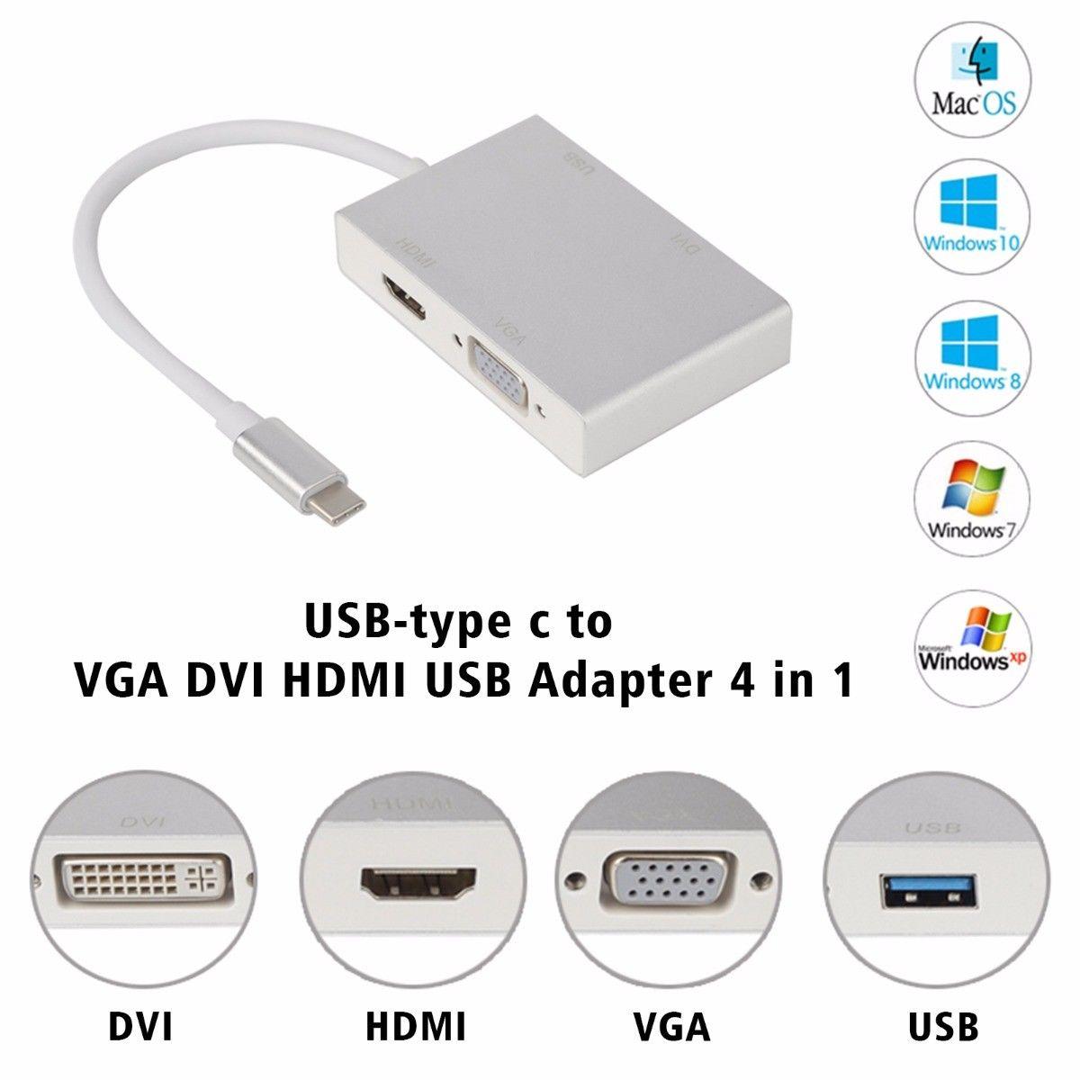 Multiport 4-in-1 USB Type-C to VGA /DVI/HDMI/USB Port Adapter Converter ...