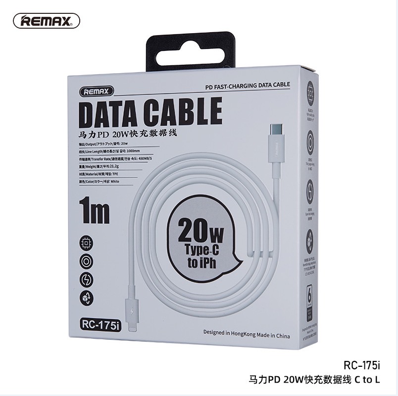 Remax Data Cable PD 20W Fast Charge Type-C to IP สายชาร์จ ชาร์จเร็ว RC-175i 1M. / RC-183i 2M ...