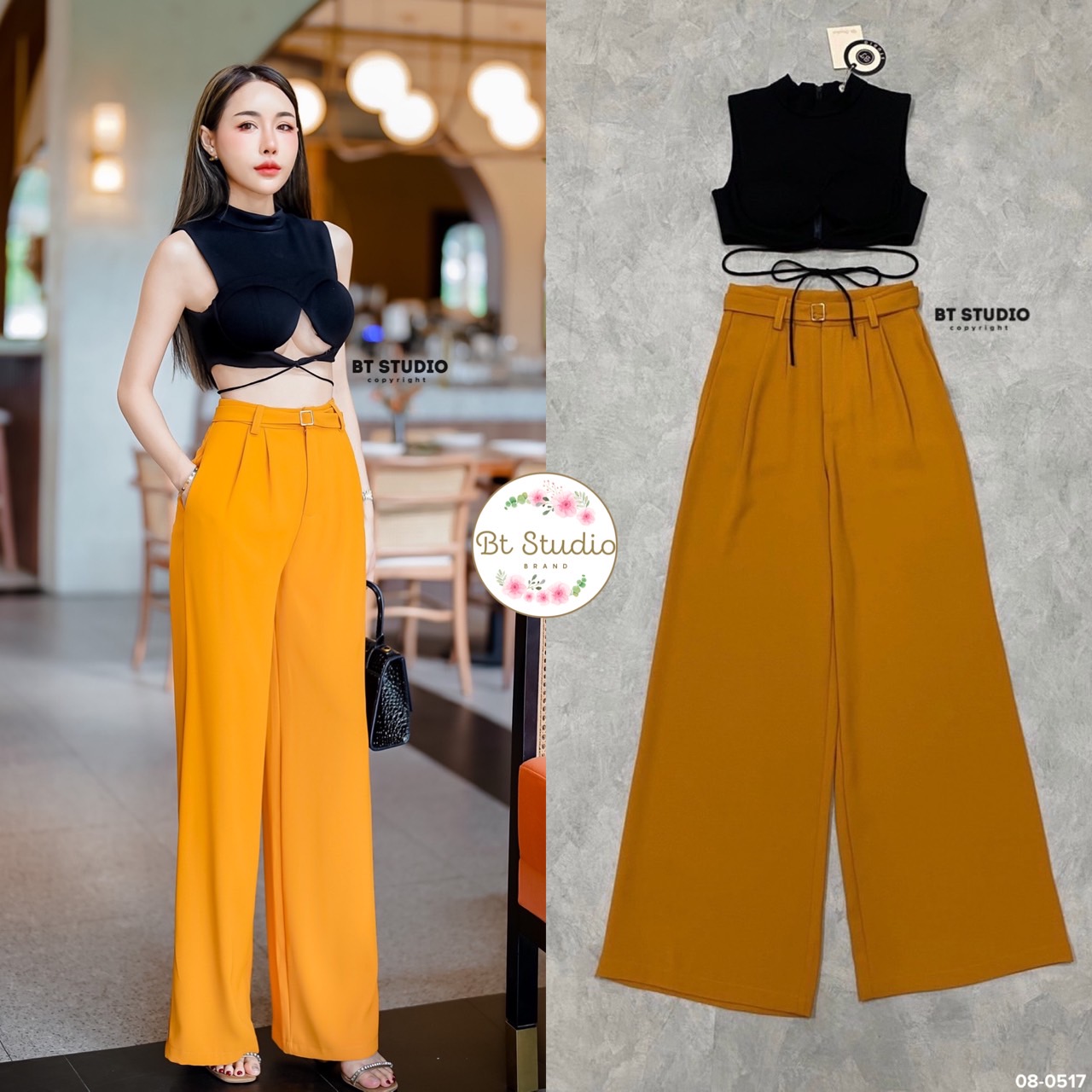 งานป้าย BT-Studio set 2ชิ้นเสื้อครอปสั้นคอปีนเล็กน้อยแขนกุด ใต้อกเว้าเล็กน้อยแต่งสายผูกเอว ซิป ...